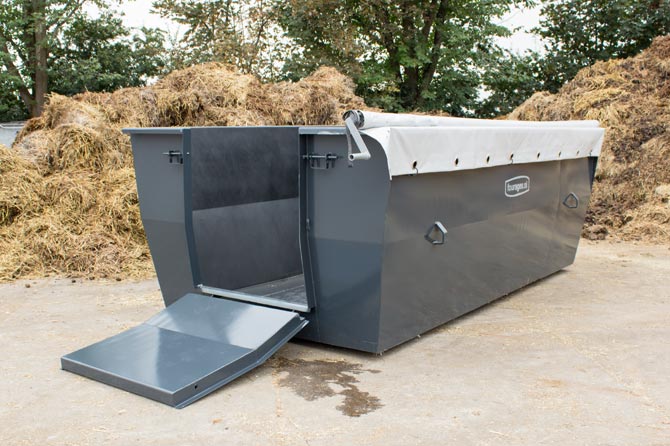 Mestcontainer voor paardenmest met klep en afdekzeil